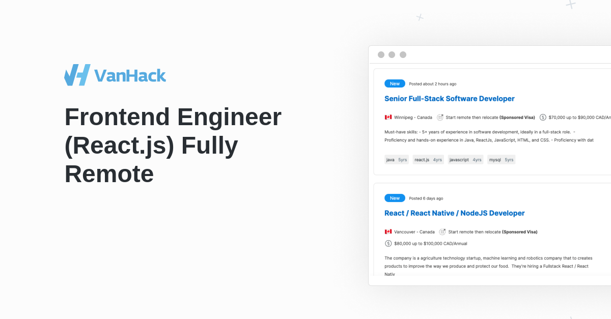 Frontend Engineer (React.js) Fully Remote - VanHack